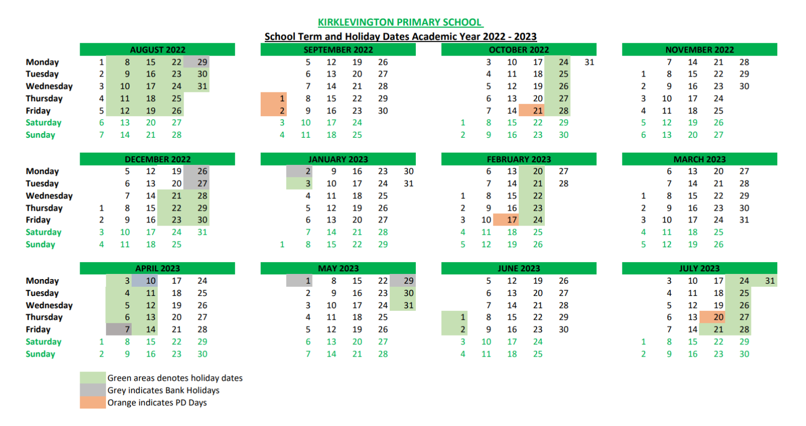 School Term and Holiday Dates |https://www.kirklevington.org.uk